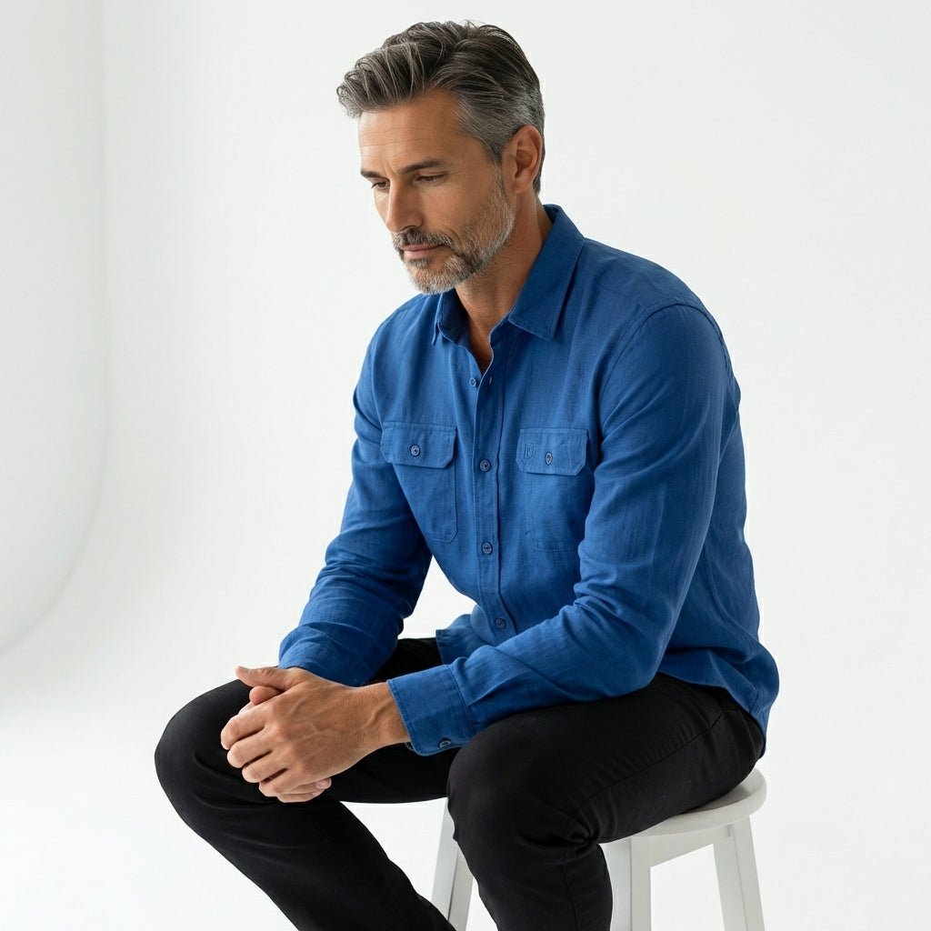 Men's blue long-sleeved linen shirt - BACK to LEGEND – Blacks Legend